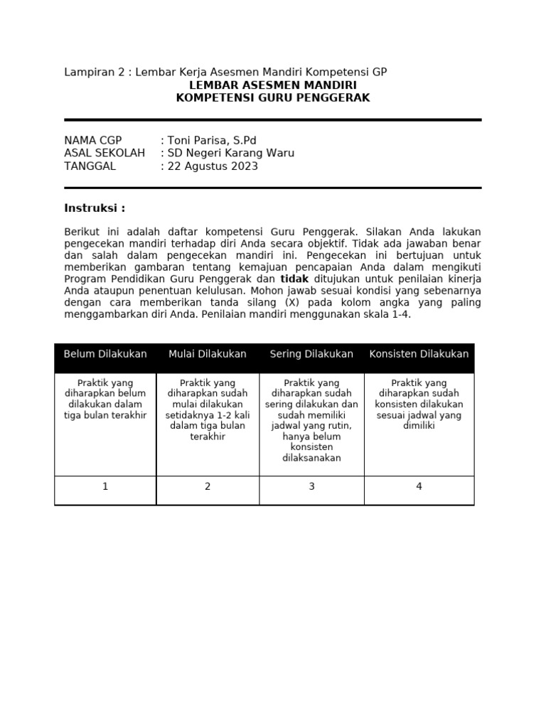 Lampiran 2 - Lembar Kerja Pengecekan Mandiri Kompetensi GP - Althur ...