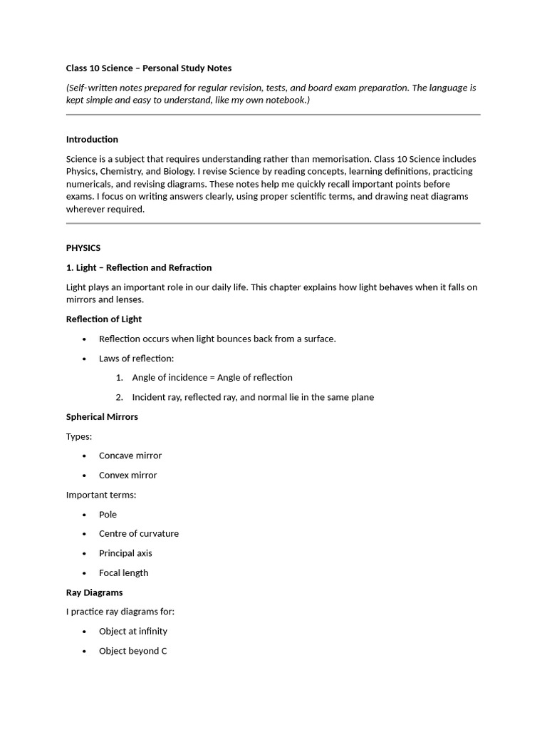 Class 10 Science Study Notes Guide | PDF