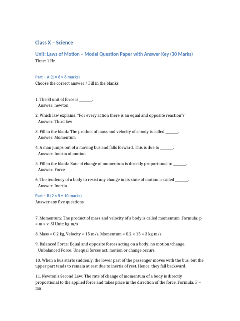 Laws of Motion Answer Key | PDF | Force | Momentum