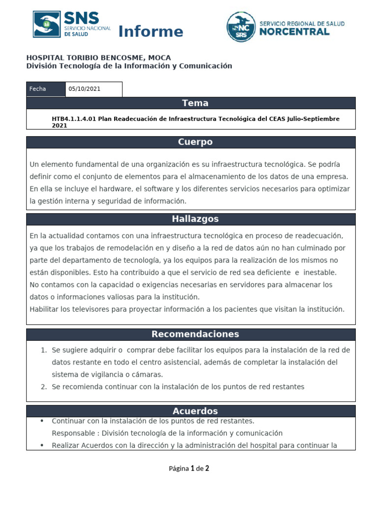 Formato de Informe HTB4.1.1.4.01 | PDF | Tecnologías de la información | Hospital