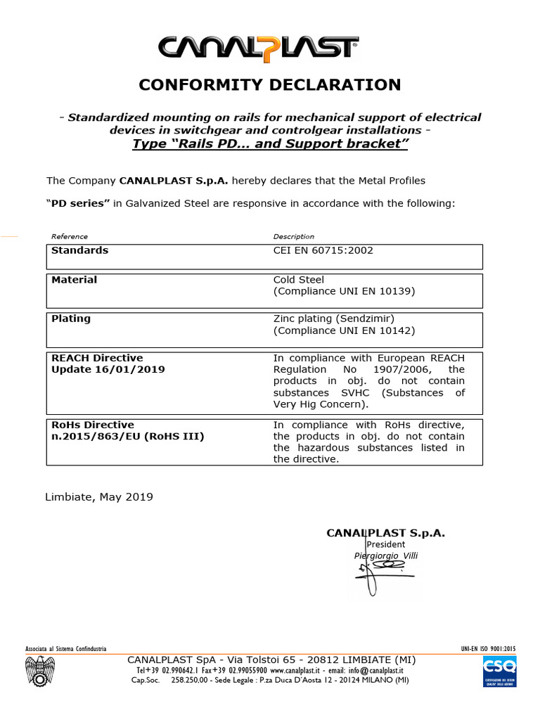Conformity Declaration Serie PD _ENG_ 2019-05 | PDF | Regulation | Metals