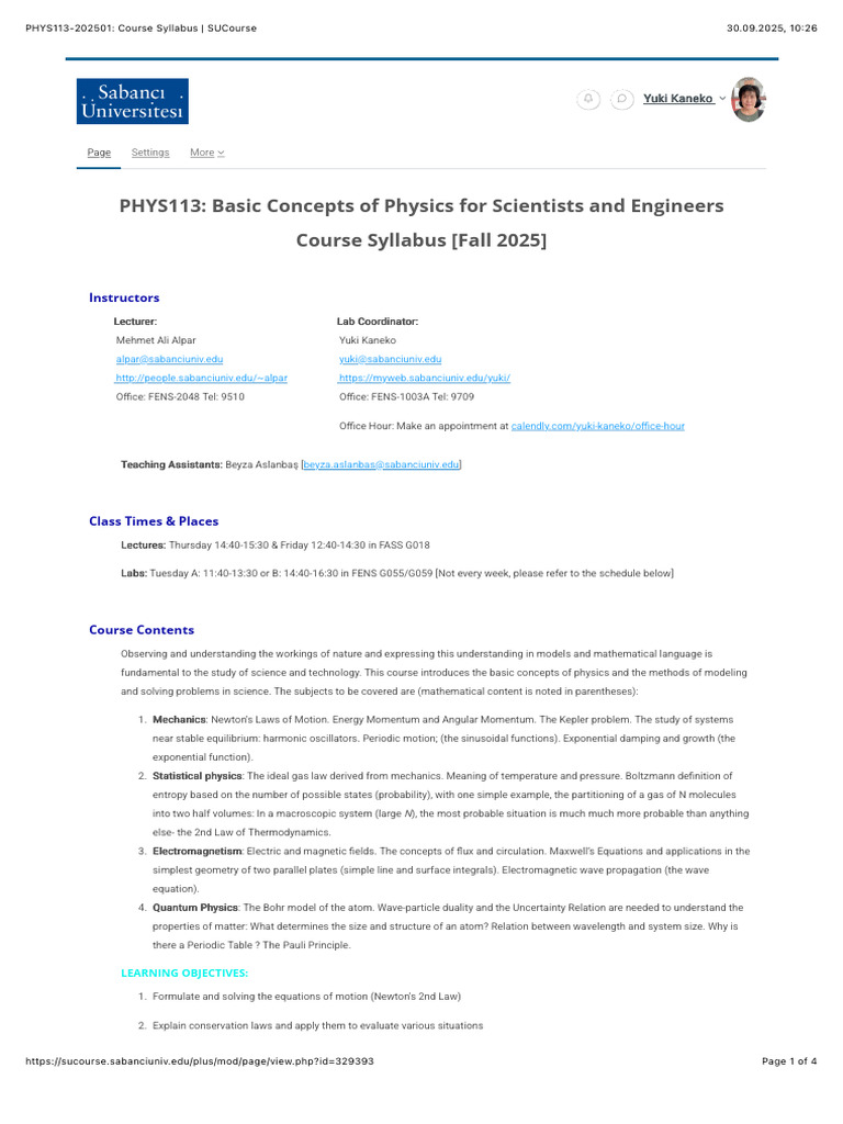 PHYS113 202501 Syllabus SUCourse | PDF | Gases | Physics