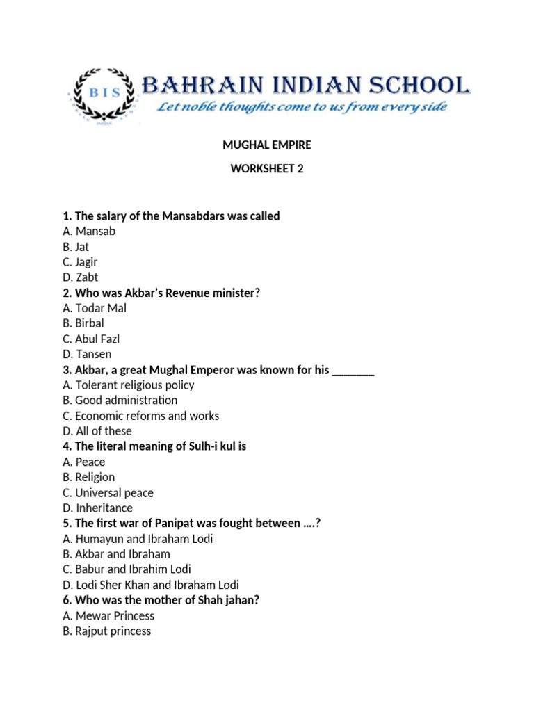 Mughal Empire Worksheet: Key Questions | PDF | Mughal Empire