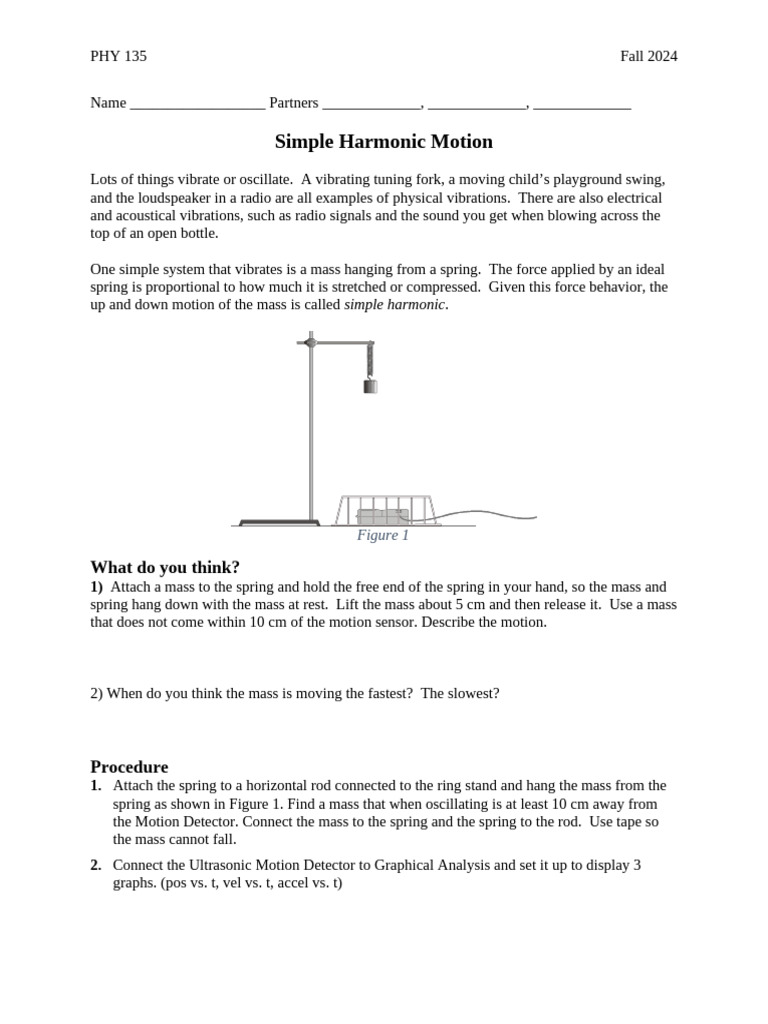 Lab 12A - Simple Harmonic Motion - PHY 135 - F24 | PDF | Oscillation ...