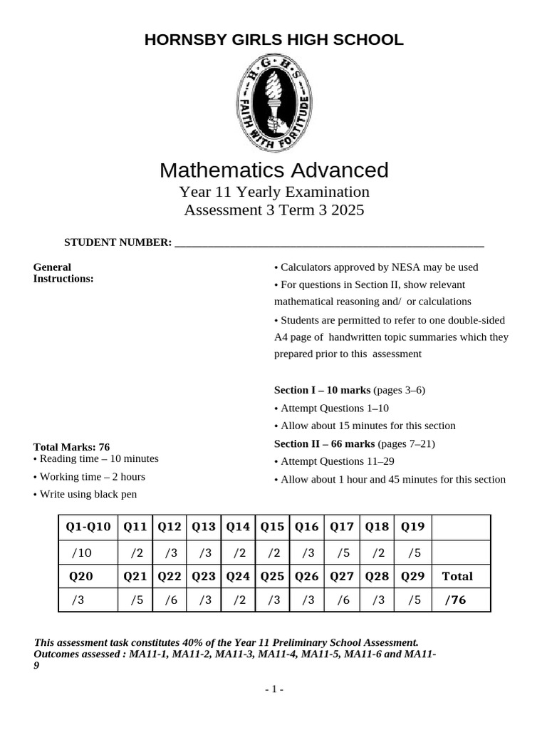 Year 11 Advanced Maths Exam 2025 | PDF | Mathematical Analysis ...