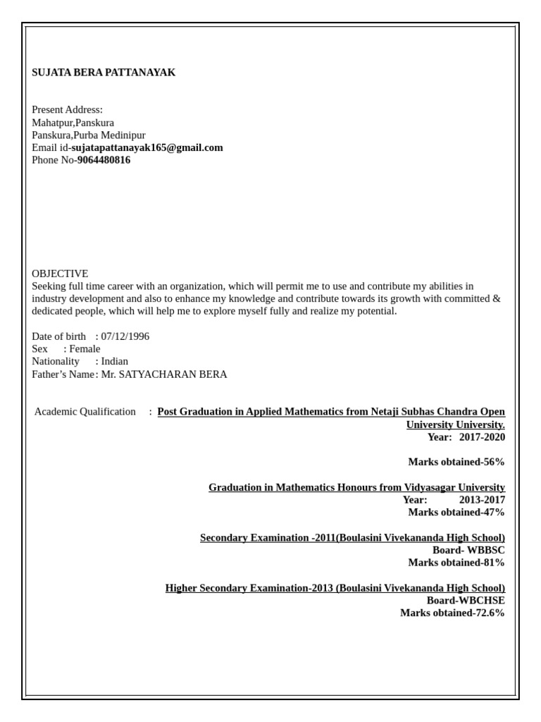 Sujata Bera Pattanayak Resume | PDF
