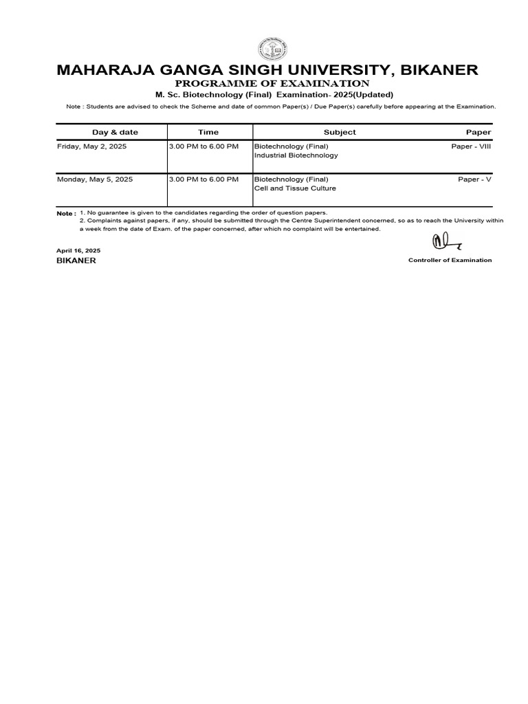 M.Sc. Biotechnology Exam Schedule 2025 | PDF