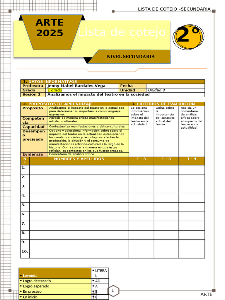 5° COTEJO SEM 2 UNI 1 - ARTE 2025 | PDF