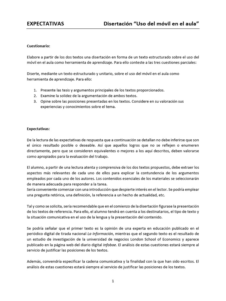 EXPECTATIVAS DISERTACIÓN MÓVILES EN EL AULA | PDF | Salón de clases ...