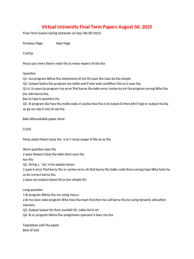 Virtual University Final Term Papers Overview | PDF | Adenosine ...