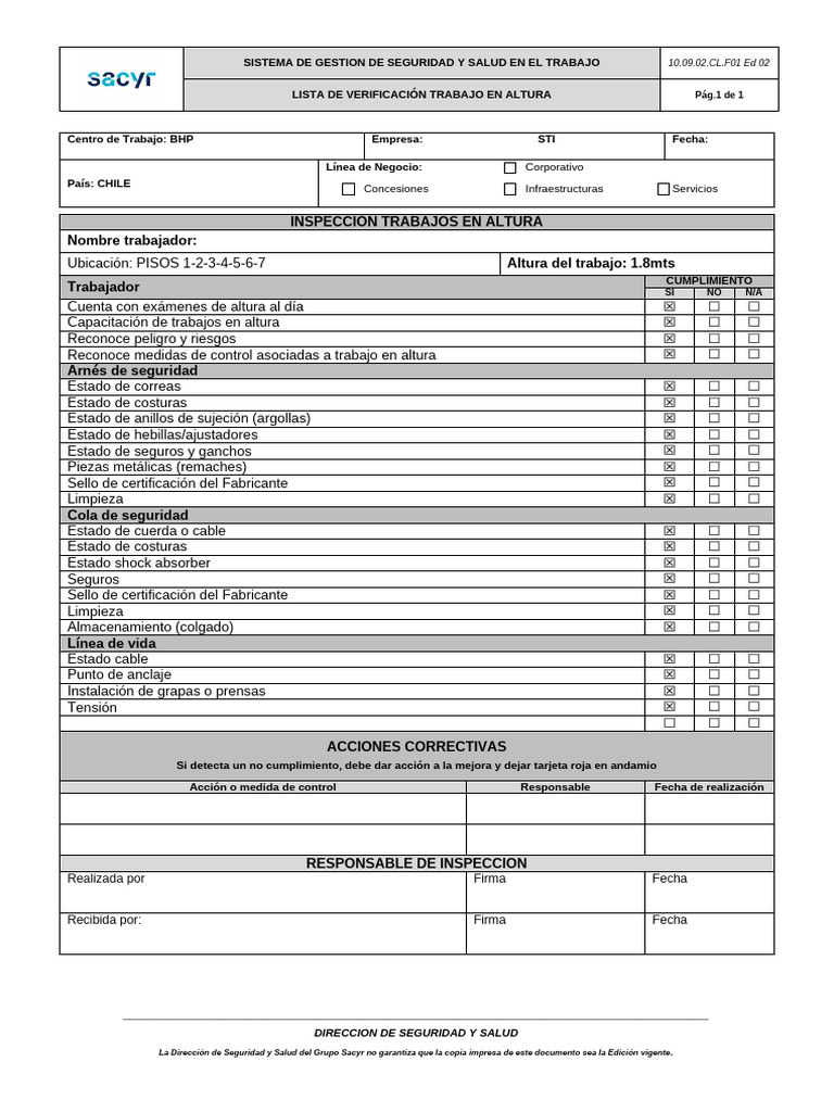EST.10.09.02.CL-F01 Ed 02 Check List Trabajos en Altura | PDF