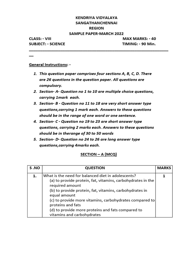 Science Class 8 Sample Paper(QP) | PDF | Friction | Earthquakes