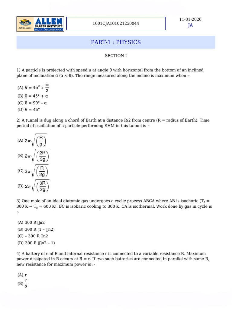 JEE Main Full Test3 | PDF | Dissociation (Chemistry) | Physical Chemistry