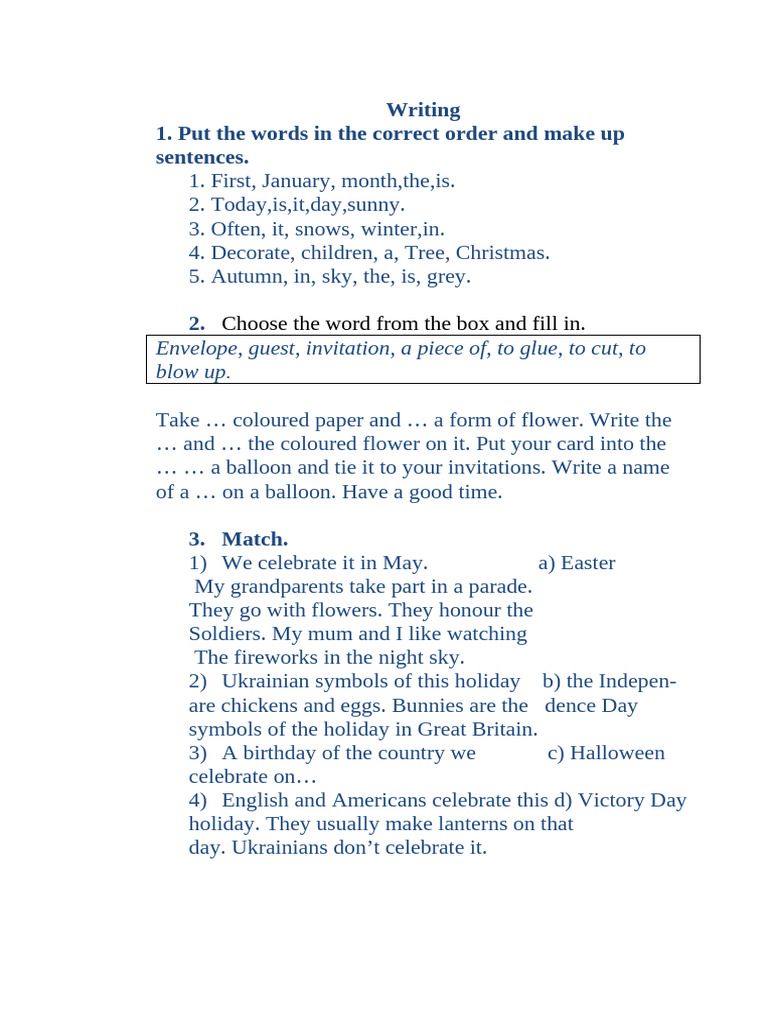Sentence Structure and Holiday Activities | PDF
