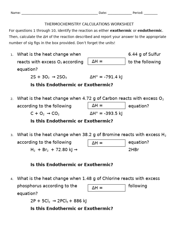 Thermochemistry Calculations Worksheet | PDF | Chemical Reactions | Ethanol