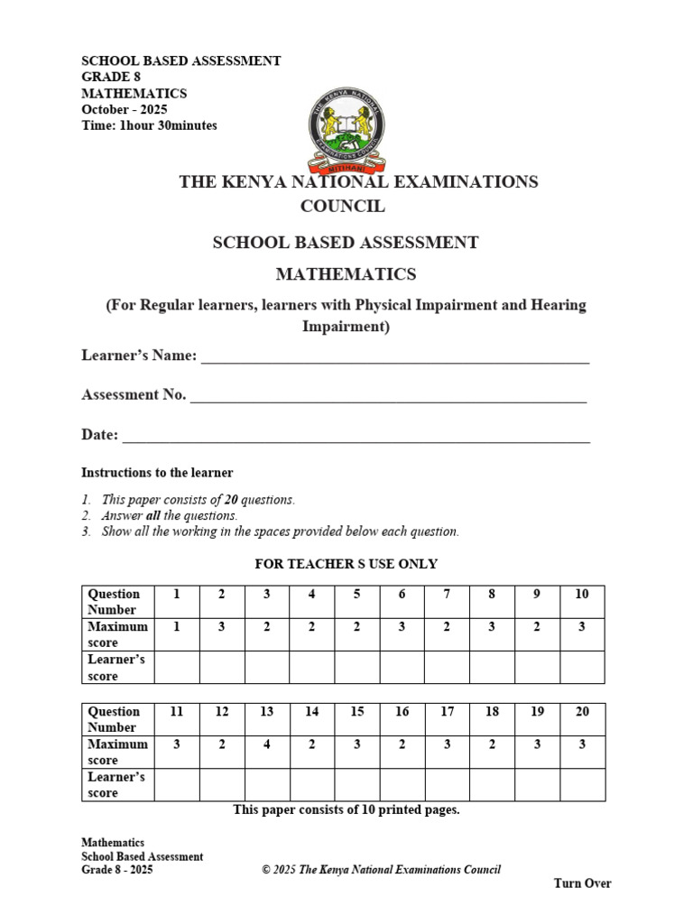 Knec School Based Assessment Grade 8 Exams 2025 With Answers 1 26f2kc ...
