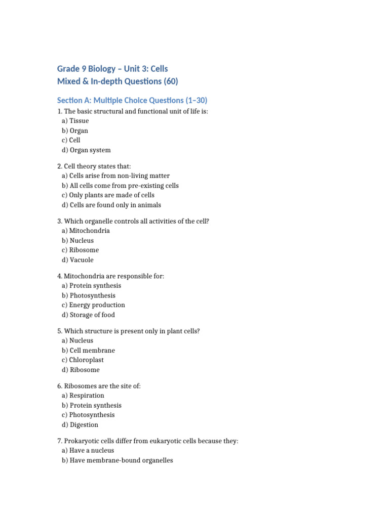 Grade 9 Biology: Cell Structure Quiz | PDF | Cell (Biology) | Vacuole