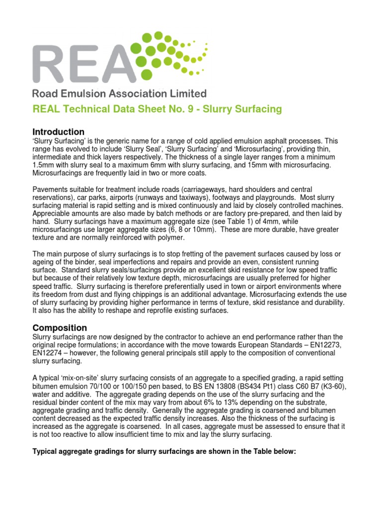 Slurry Surfacing Data Sheet (REA) | PDF | Road Surface | Asphalt