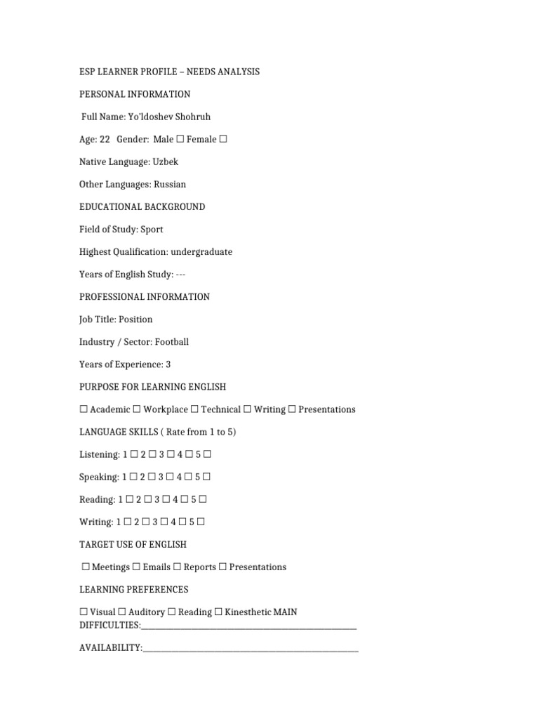 ESP Learner Profile: Needs Analysis | PDF