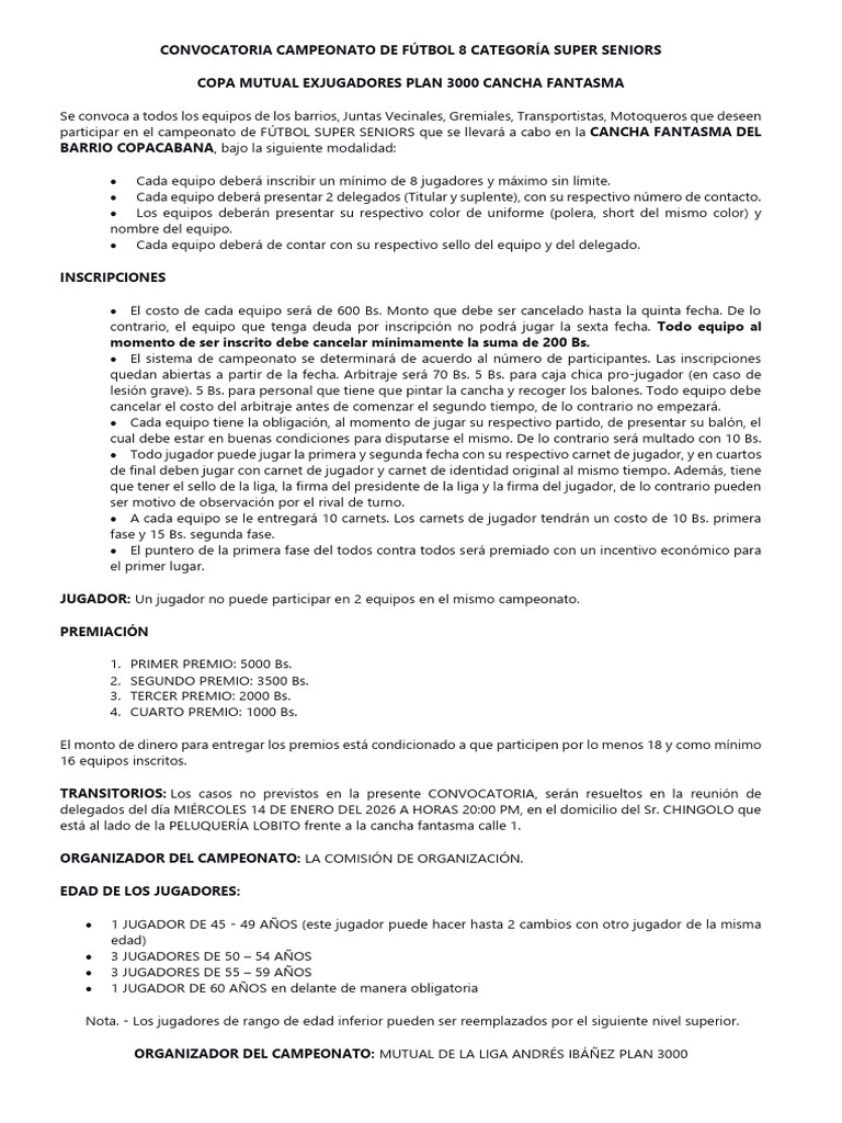 Convocatoria Campeonato de Fútbol 8 Categoría Super Seniors | PDF ...