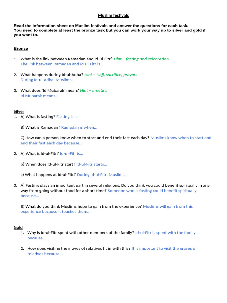 Faran Shahid - Muslim Festivals Task Sheet | PDF
