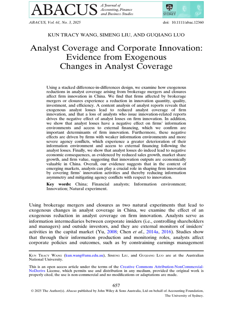 Evidence from Exogenous Changes in Analyst Coverage | PDF | Innovation ...