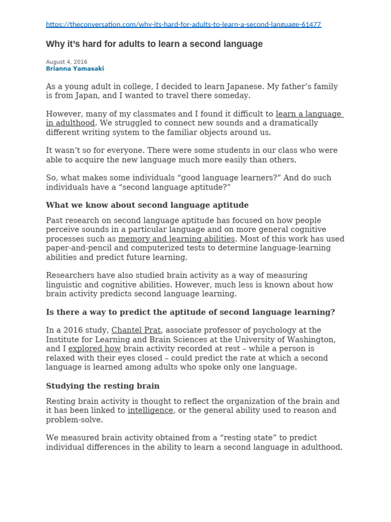 Why is It Hard for Adults to Learn a Second Language (1) | PDF | Second ...