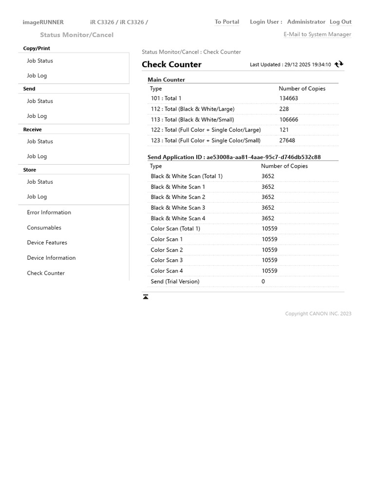 Canon iR C3326 Device Status Report | PDF