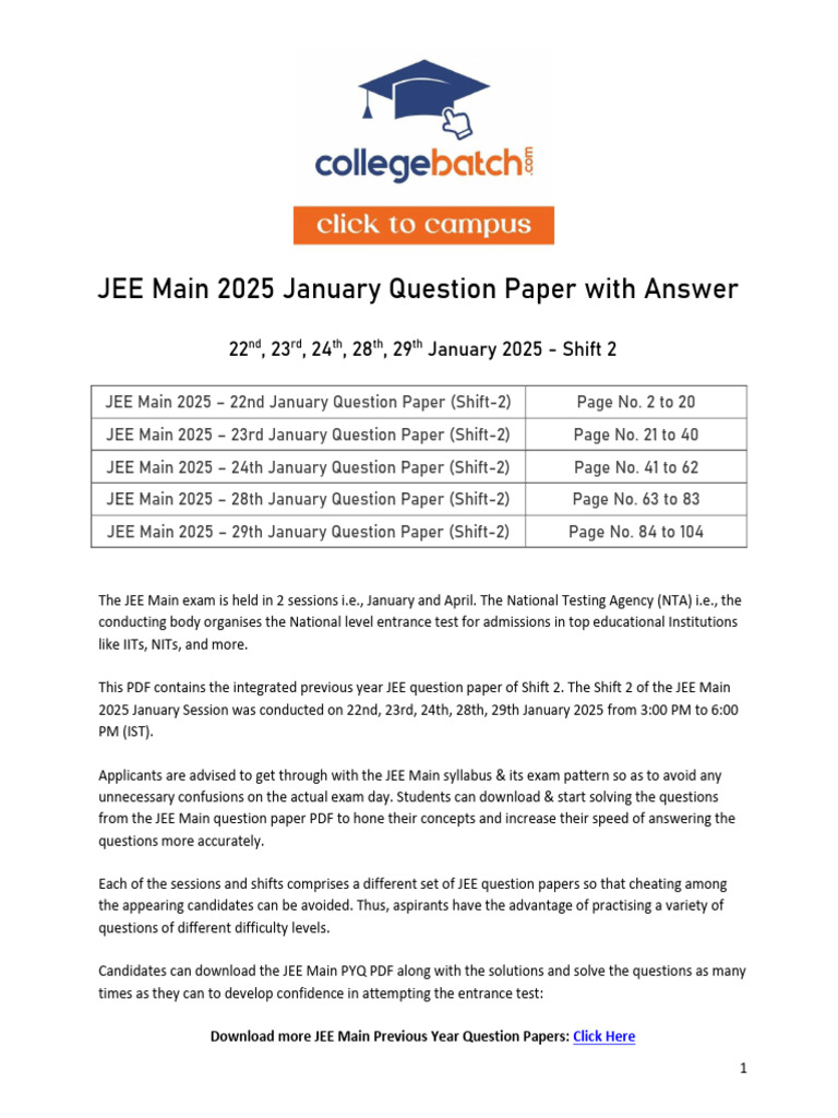 JEE Main 2025 Question Paper With Answer Key January Shift 2 (1) | PDF