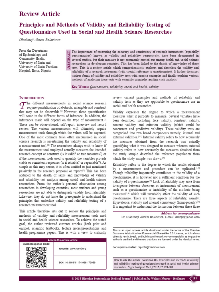 Validity and Reliability in Research Questionnaires | PDF | Validity ...