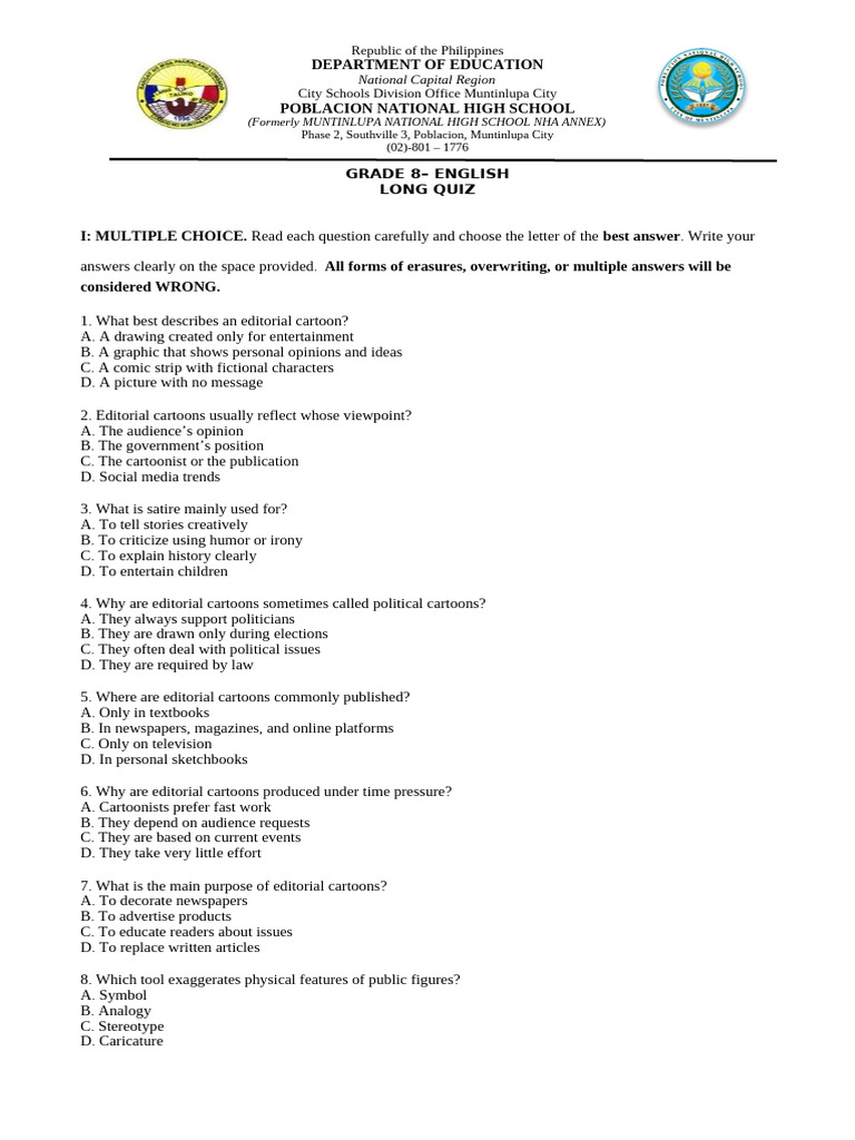 Grade 8 English Long Quiz on Editorial Cartoons | PDF