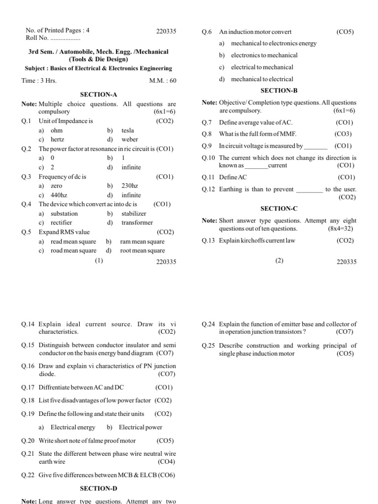 Electrical & Electronics Engineering Quiz | PDF | Alternating Current ...
