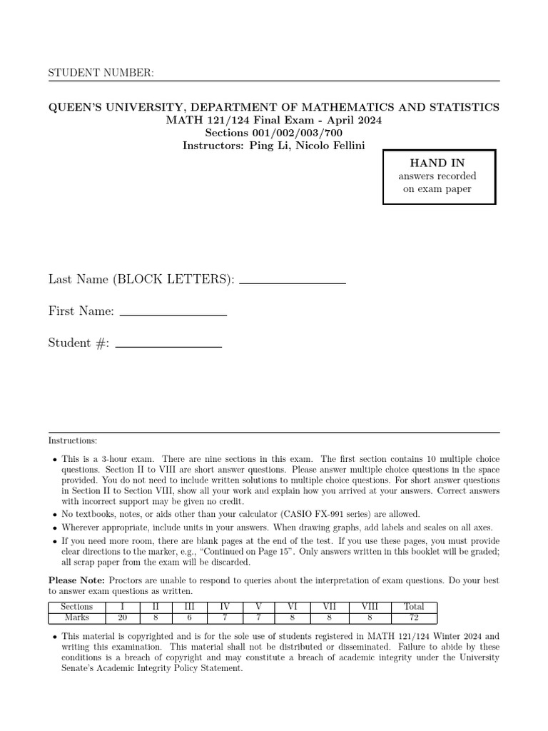 MATH 121 Final Exam April 2024 | PDF | Multiple Choice | Mathematics