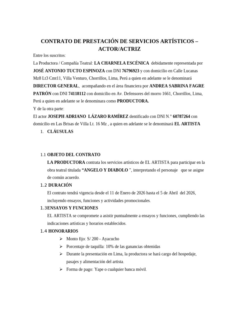 Contrato de Servicios Artisticos - Joseph Docx | PDF