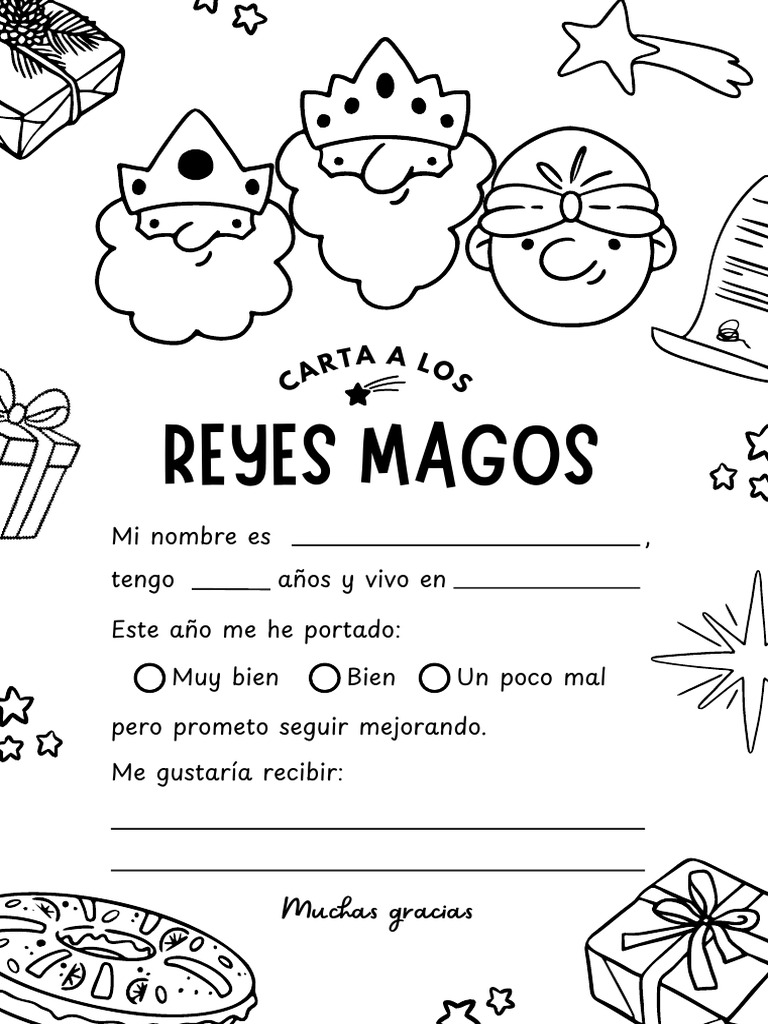 Documento A4 Carta a Los Reyes Magos Para Colorear Infantil Blanco y ...