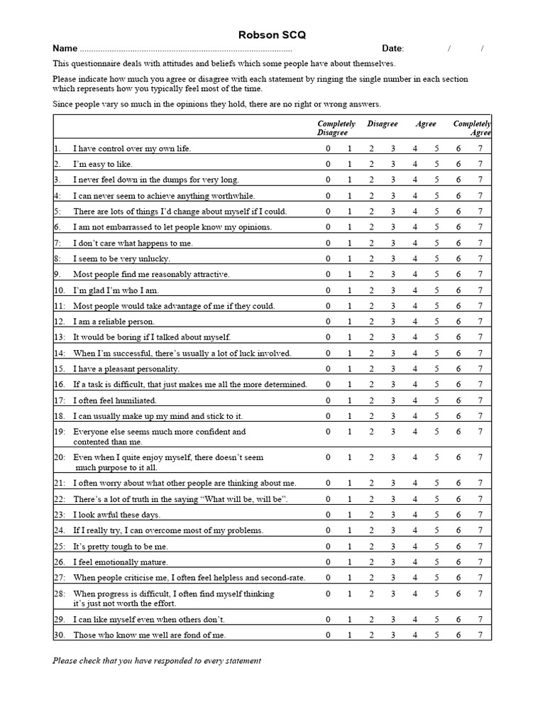 Robson Self-Concept Questionnaire | PDF | Social Psychology | Mental Health