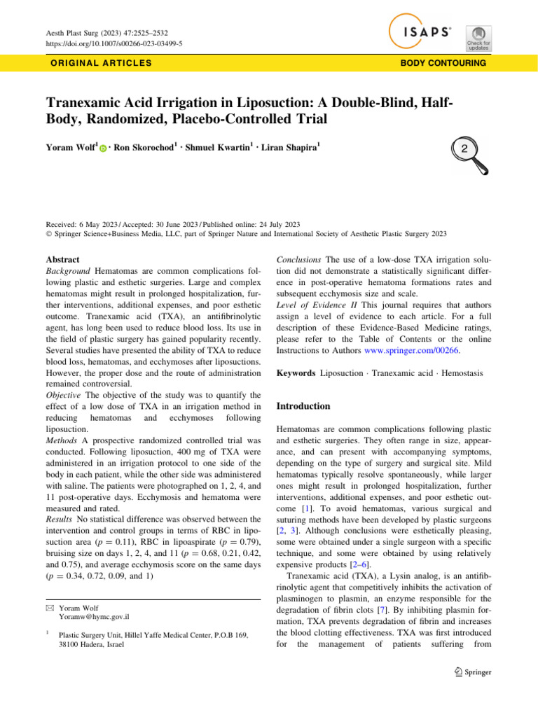Wolf, 2023. Tranexamic Acid Irrigation in Liposuction- A Double-Blind ...