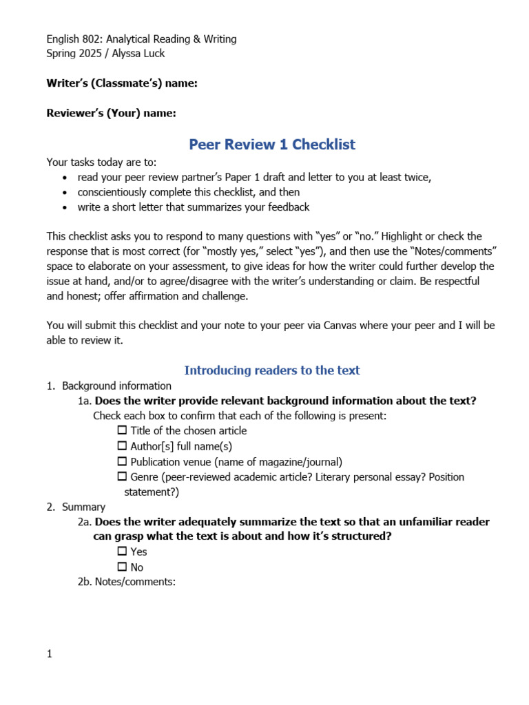 Peer Review Checklist for Paper 1 | PDF | Peer Review | Human Communication