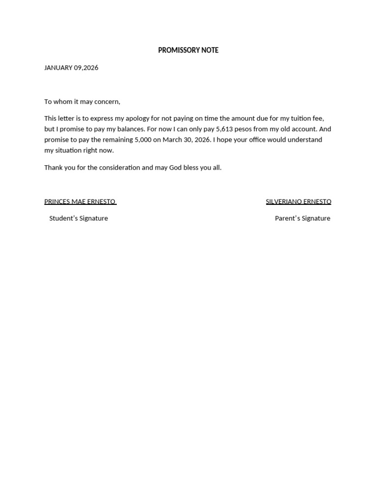 Tuition Fee Payment Promise Note | PDF