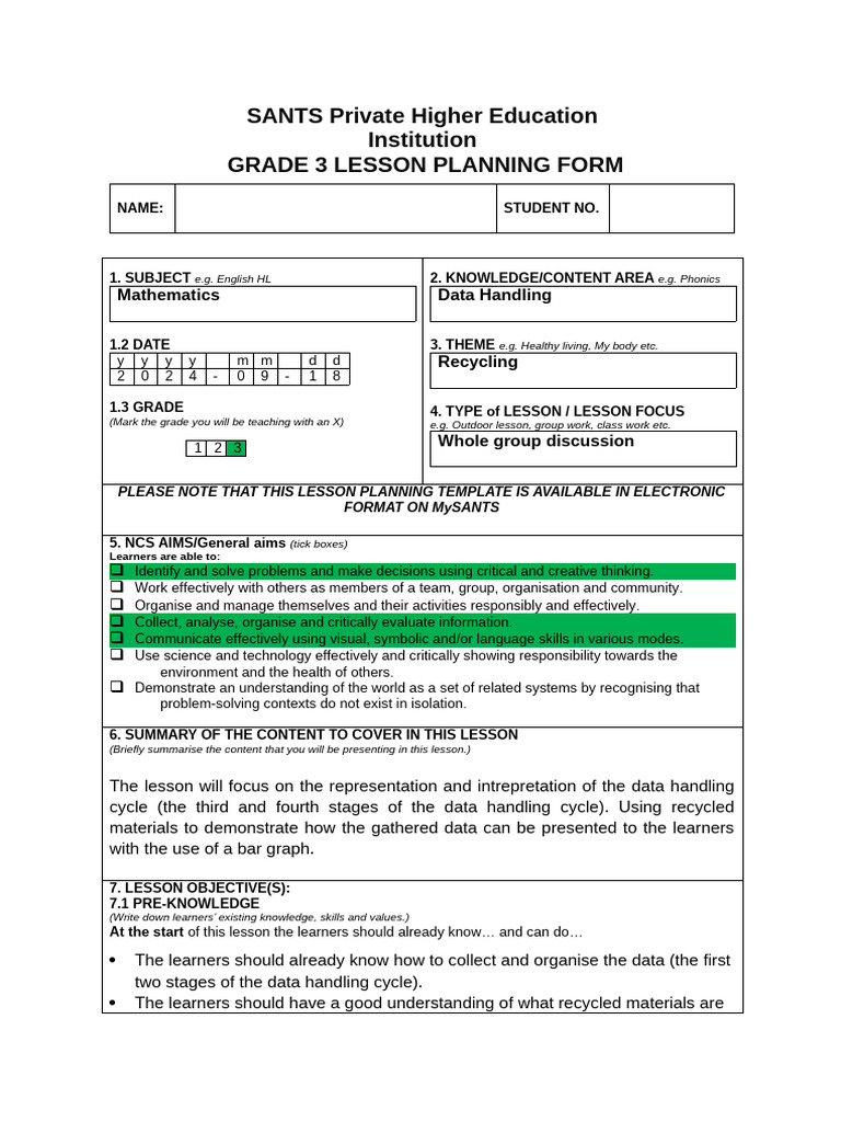 Mathematics Lesson Plan_Grade 3 Data Handling | PDF | Learning | Knowledge