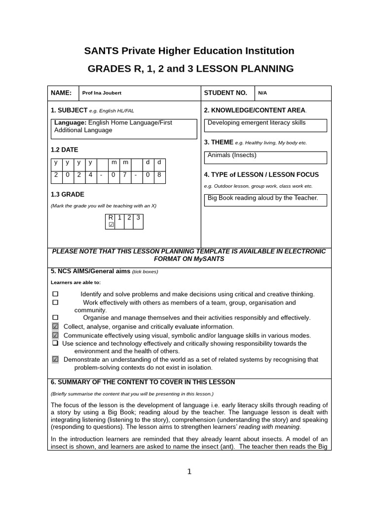 Emergent Literacy Lesson Plan: Insects | PDF | Reading Comprehension ...
