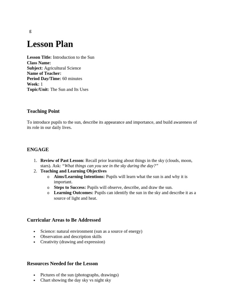 Introduction to the Sun Lesson Plan | PDF | Sky | Lesson Plan