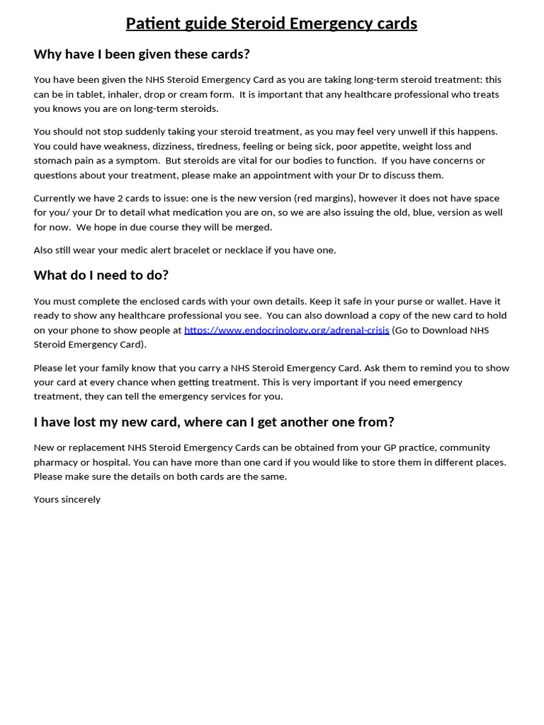 NPSA Emergency Steroid Card Patient Letter and Leaflet - Copy | PDF ...