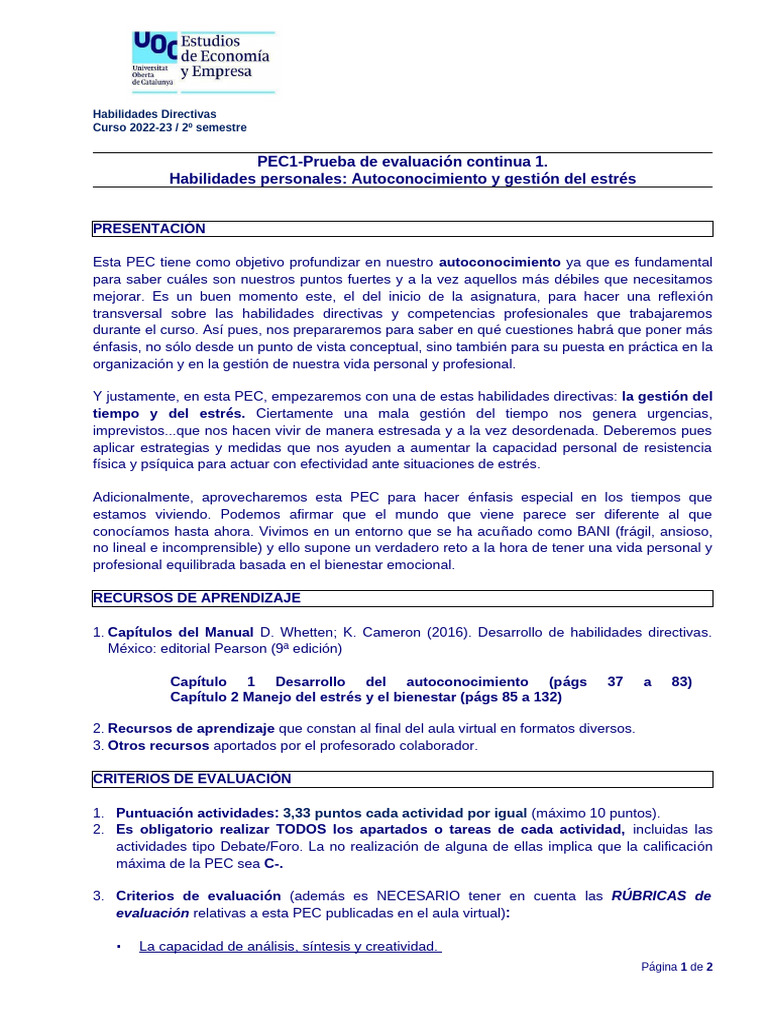 HD_PEC1_20222 | PDF | Estrés (biología) | Gestión del tiempo