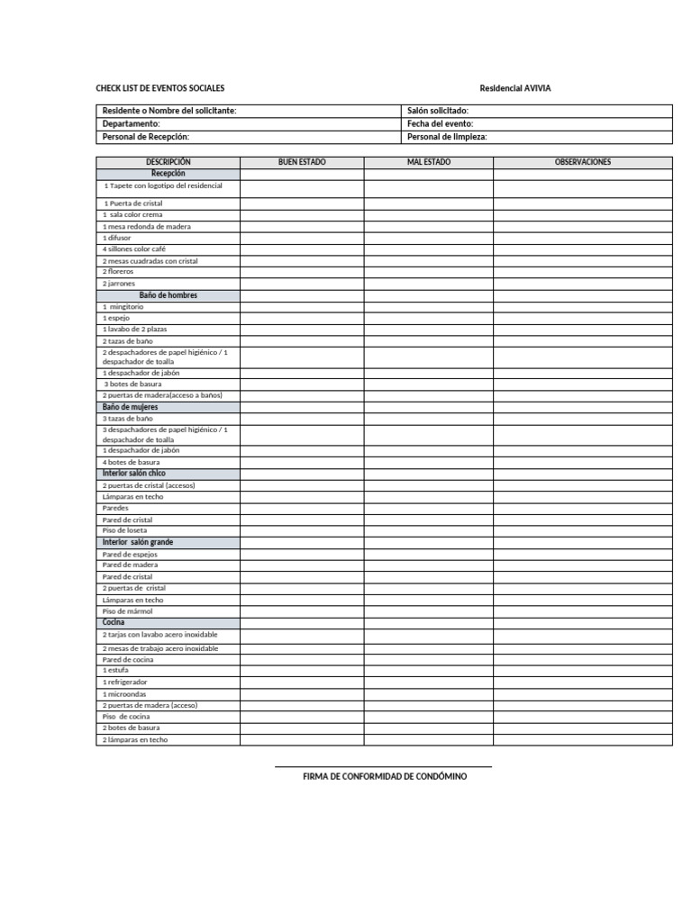 Checklist para Eventos Sociales en AVIVIA | PDF
