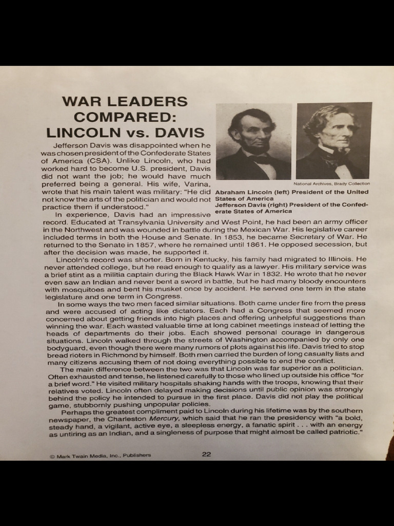 Lincoln vs. Davis: Leadership in War | PDF | Abraham Lincoln ...