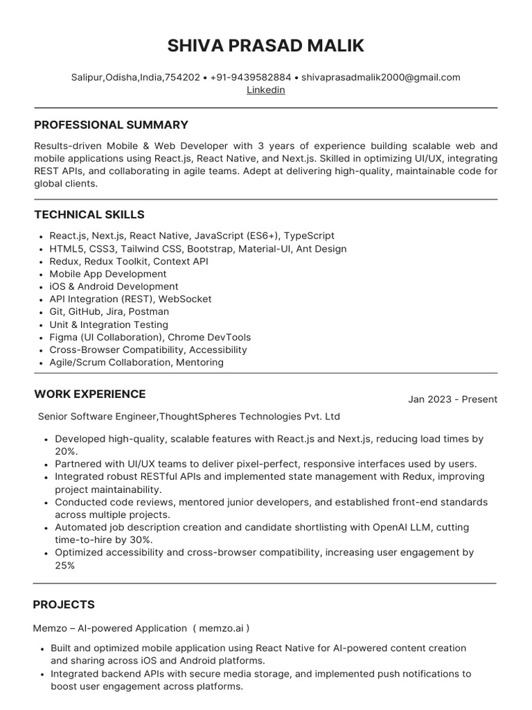 Shiva Prasad Malik Resume | PDF | Mobile App | Software Engineering