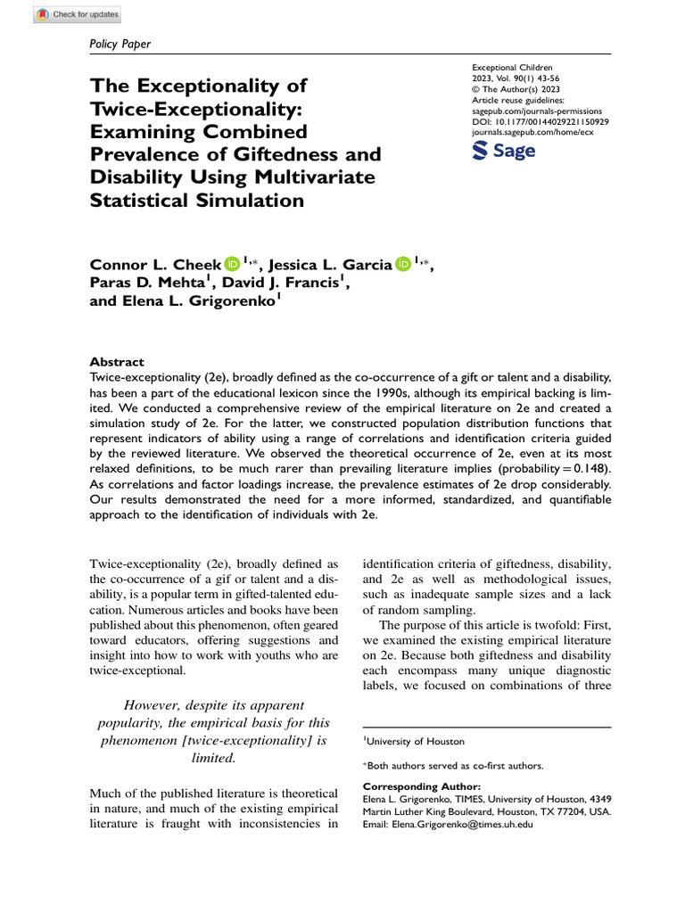 Cheek Et Al 2023 the Exceptionality of Twice Exceptionality Examining ...