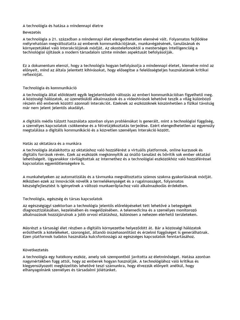 A Technológia És Hatása A Mindennapi Életre | PDF