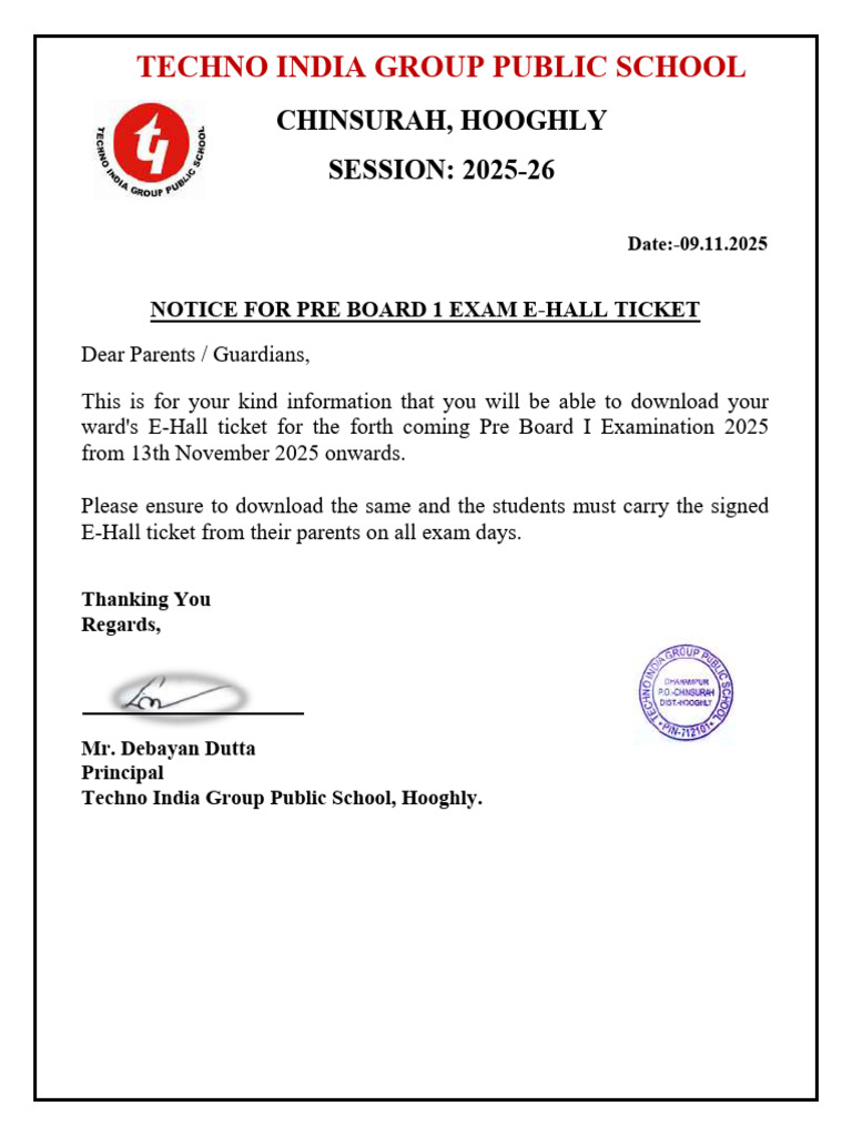 Download Pre Board 1 Exam E-Hall Ticket | PDF